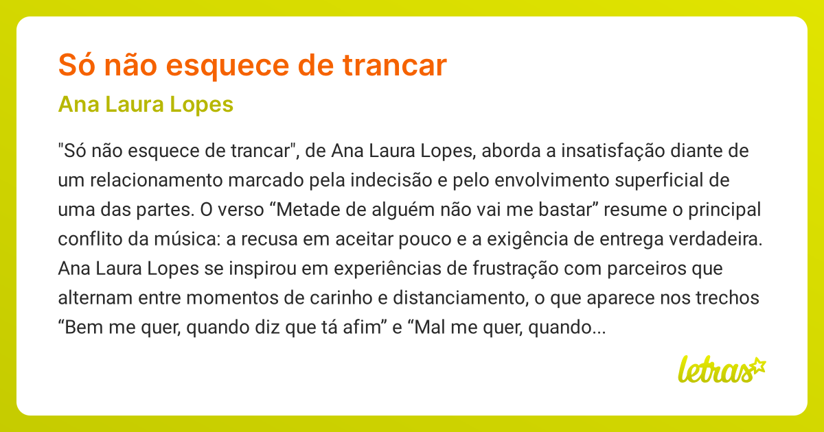 Significado da música SÓ NÃO ESQUECE DE TRANCAR (Ana Laura Lopes ...