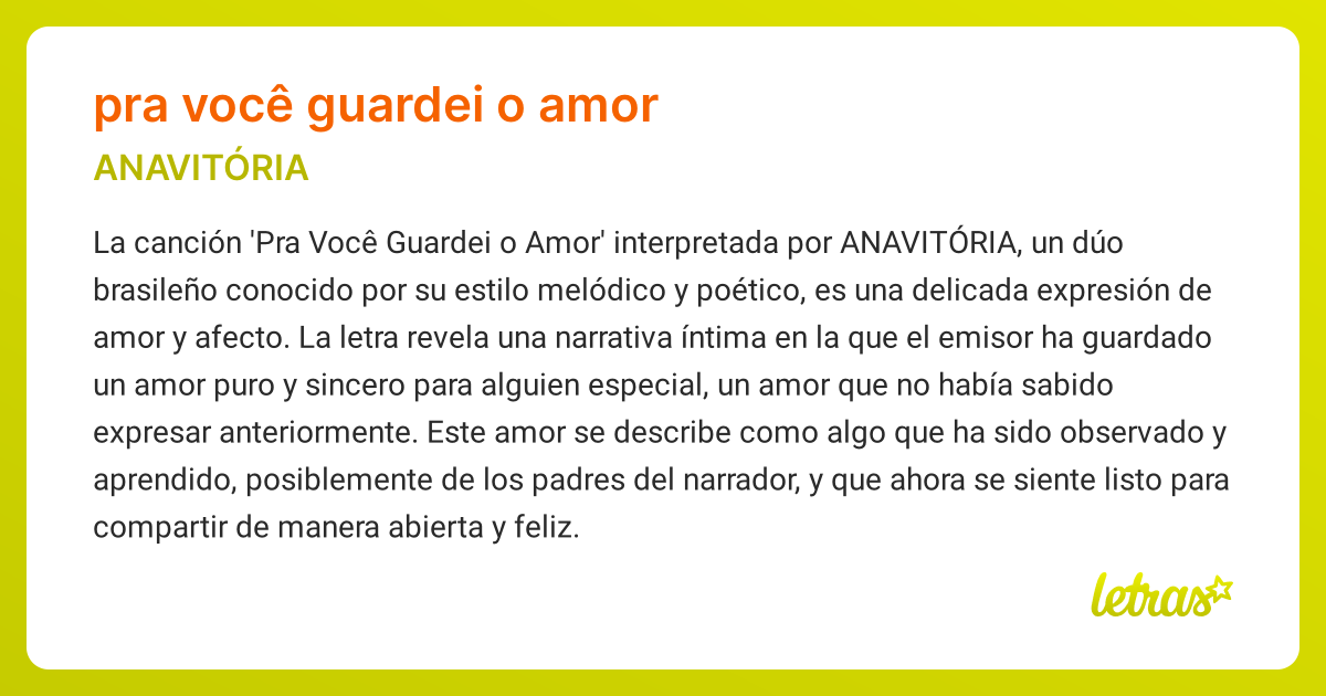 Significado de la canción PRA VOCÊ GUARDEI O AMOR (ANAVITÓRIA) - LETRAS.COM