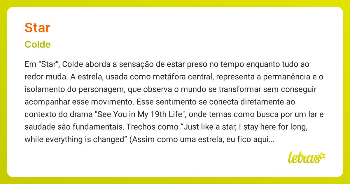 Significado da música STAR (Colde) - LETRAS.MUS.BR