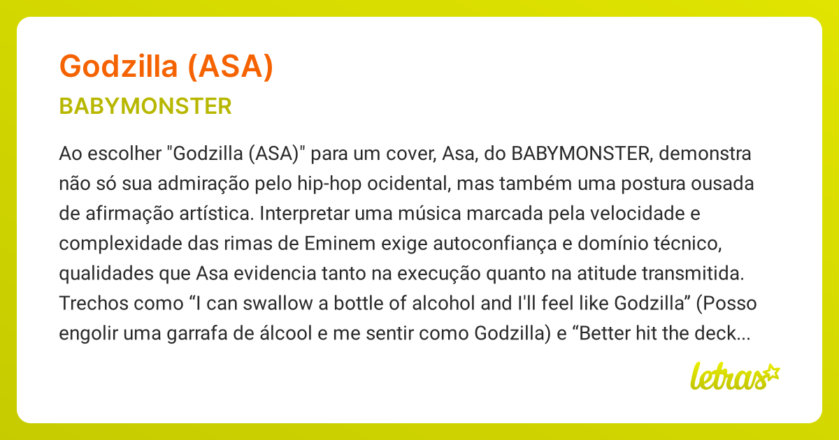 Significado da música GODZILLA (ASA) (BABYMONSTER) - LETRAS.MUS.BR