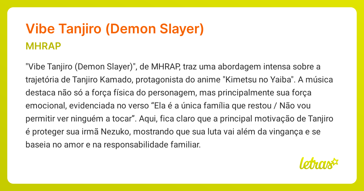 Significado da música VIBE TANJIRO (DEMON SLAYER) (MHRAP) - LETRAS.MUS.BR