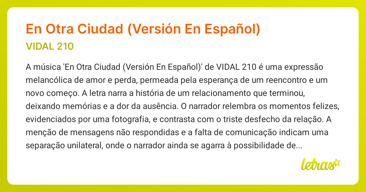 Significado da música En Otra Ciudad (Versión En Español) (VIDAL 210 ...