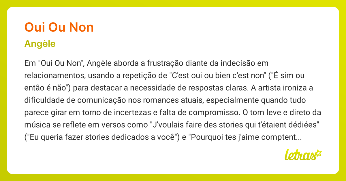Significado da música OUI OU NON (Angèle) - LETRAS.MUS.BR