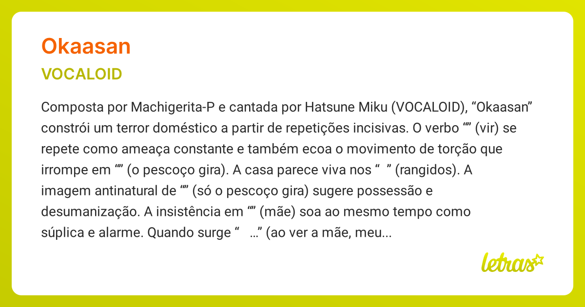 Significado da música OKAASAN (VOCALOID) - LETRAS.MUS.BR