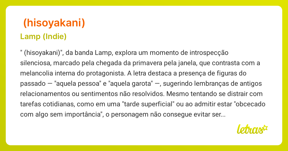 Significado da música 密やかに (HISOYAKANI) (Lamp (Indie)) - LETRAS.MUS.BR