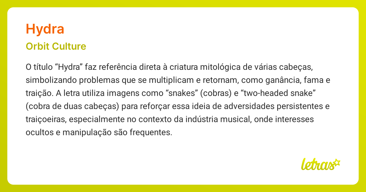 Significado da música HYDRA (Orbit Culture) - LETRAS.MUS.BR