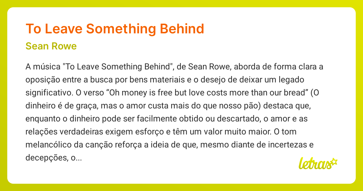 Significado da música TO LEAVE SOMETHING BEHIND (Sean Rowe) - LETRAS.MUS.BR