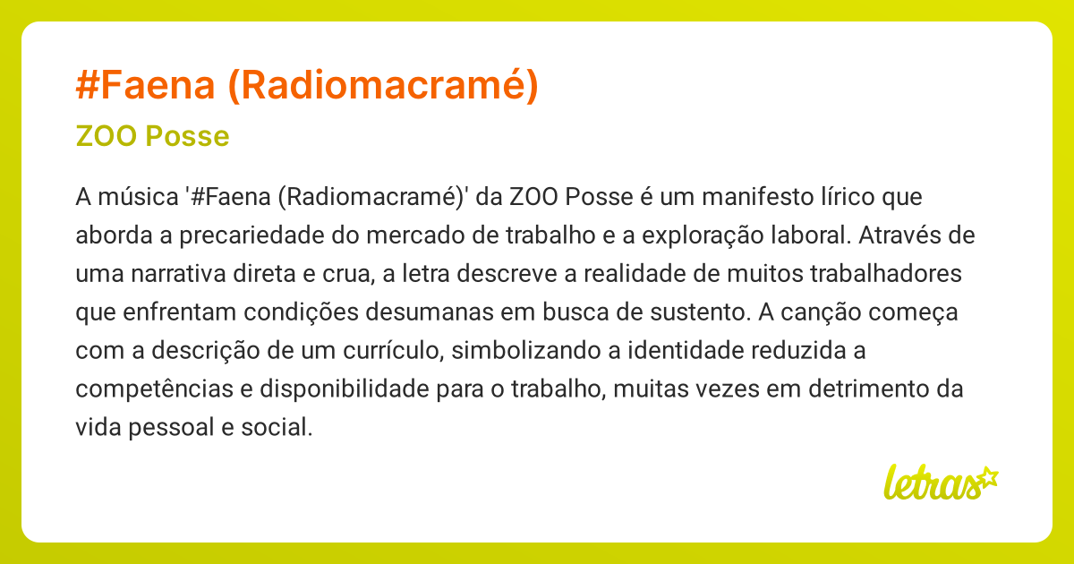 Significado Da Música Faena Radiomacramé Zoo Posse Letras Mus Br