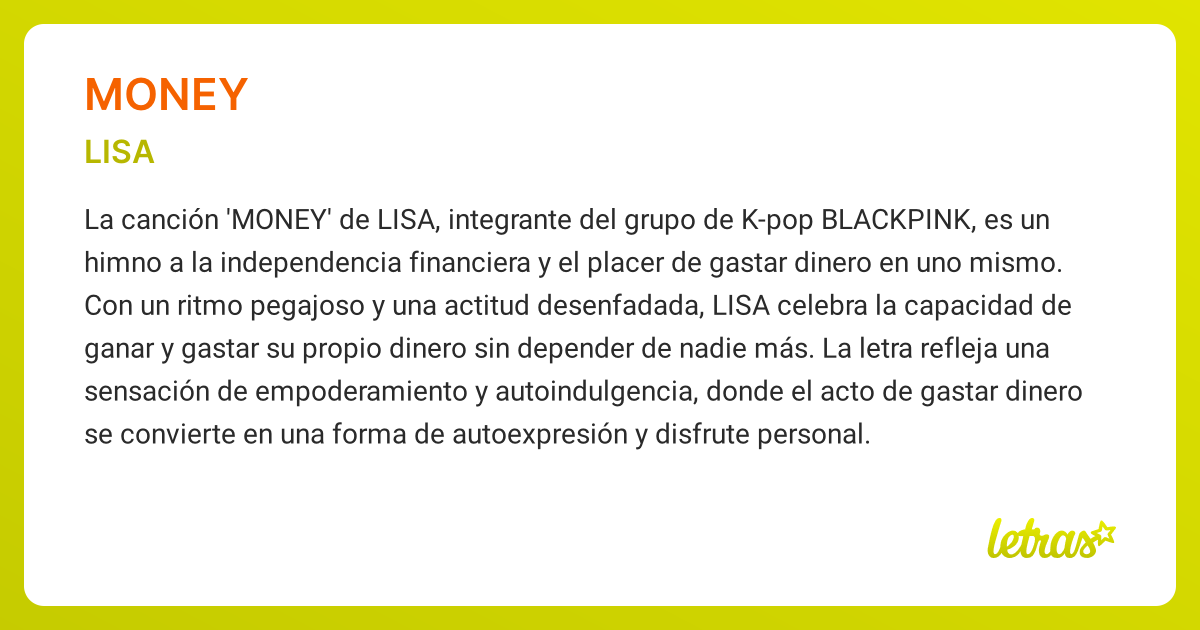 Significado de la canción MONEY (LISA) - LETRAS.COM