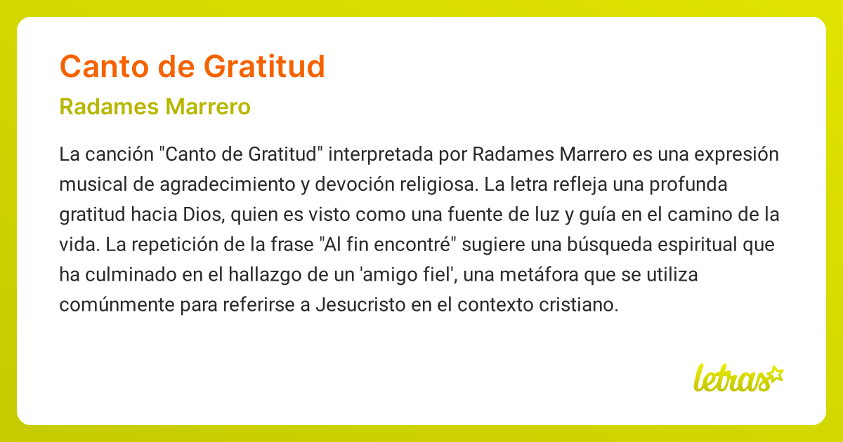 Significado de la canción CANTO DE GRATITUD (Radames Marrero) - LETRAS.COM