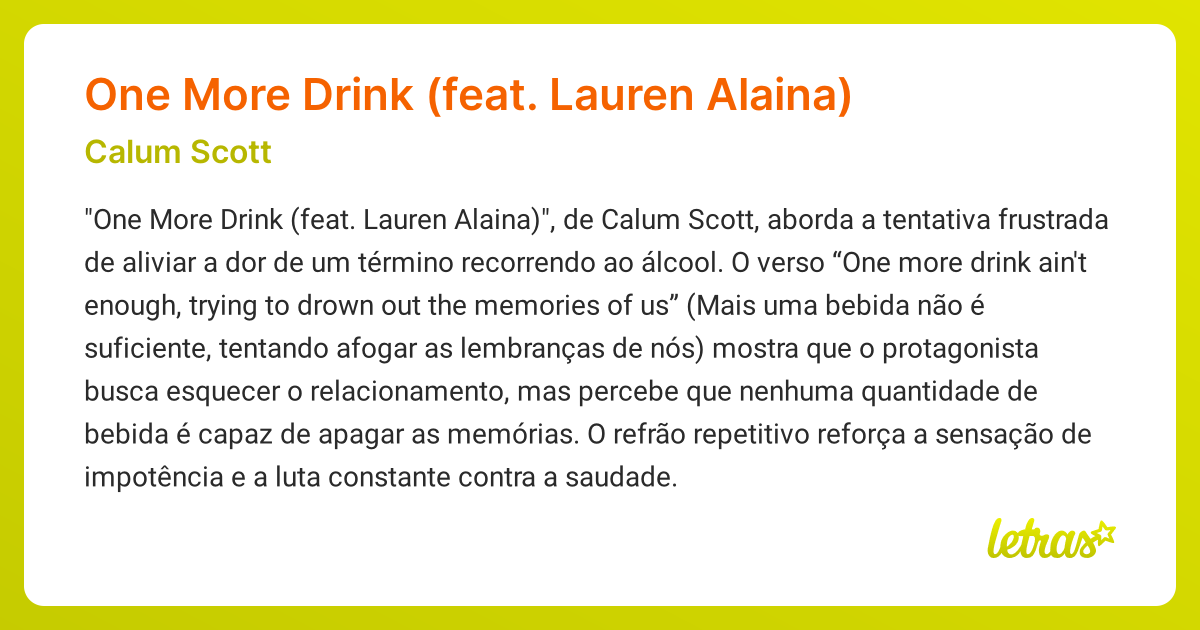 Significado da música One More Drink (feat. Lauren Alaina) (Calum Scott ...