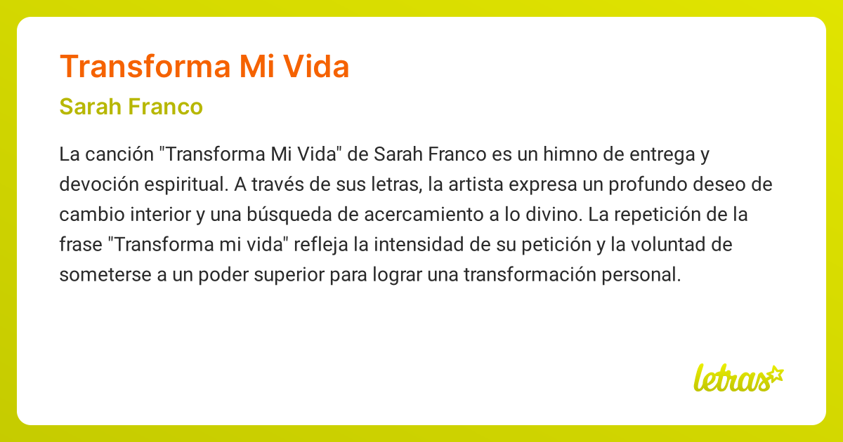 Significado de la canción TRANSFORMA MI VIDA (Sarah Franco) - LETRAS.COM