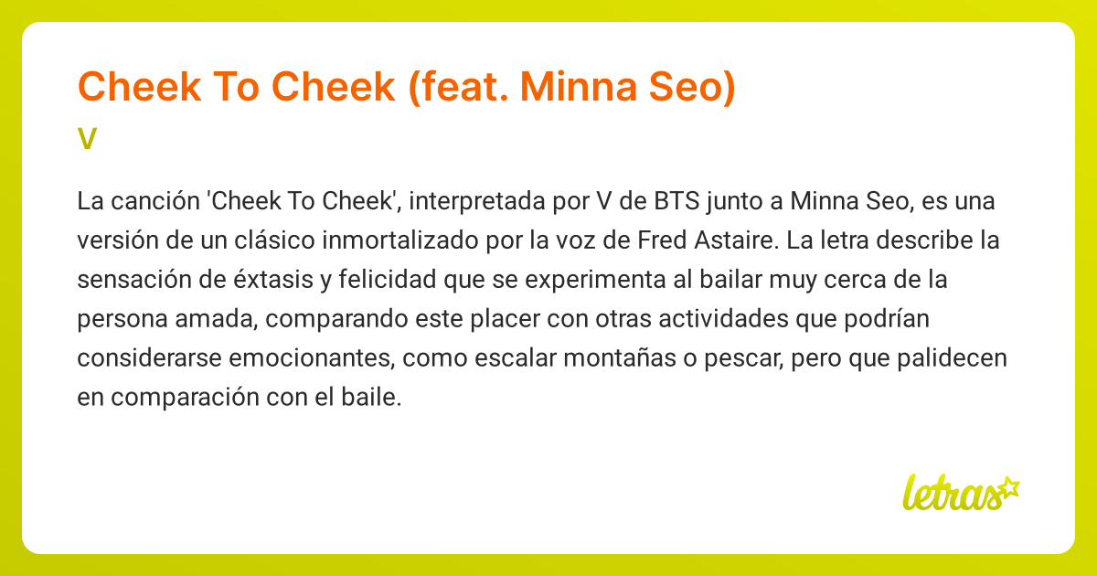 Significado de la canción Cheek To Cheek (feat. Minna Seo) (V ...