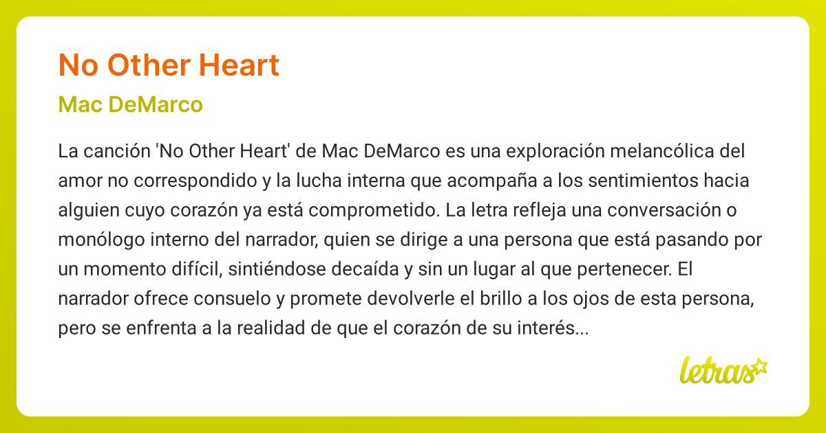 Significado de la canción NO OTHER HEART (Mac DeMarco) - LETRAS.COM