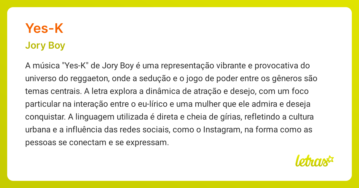 Significado da música YES-K (Jory Boy) - LETRAS.MUS.BR
