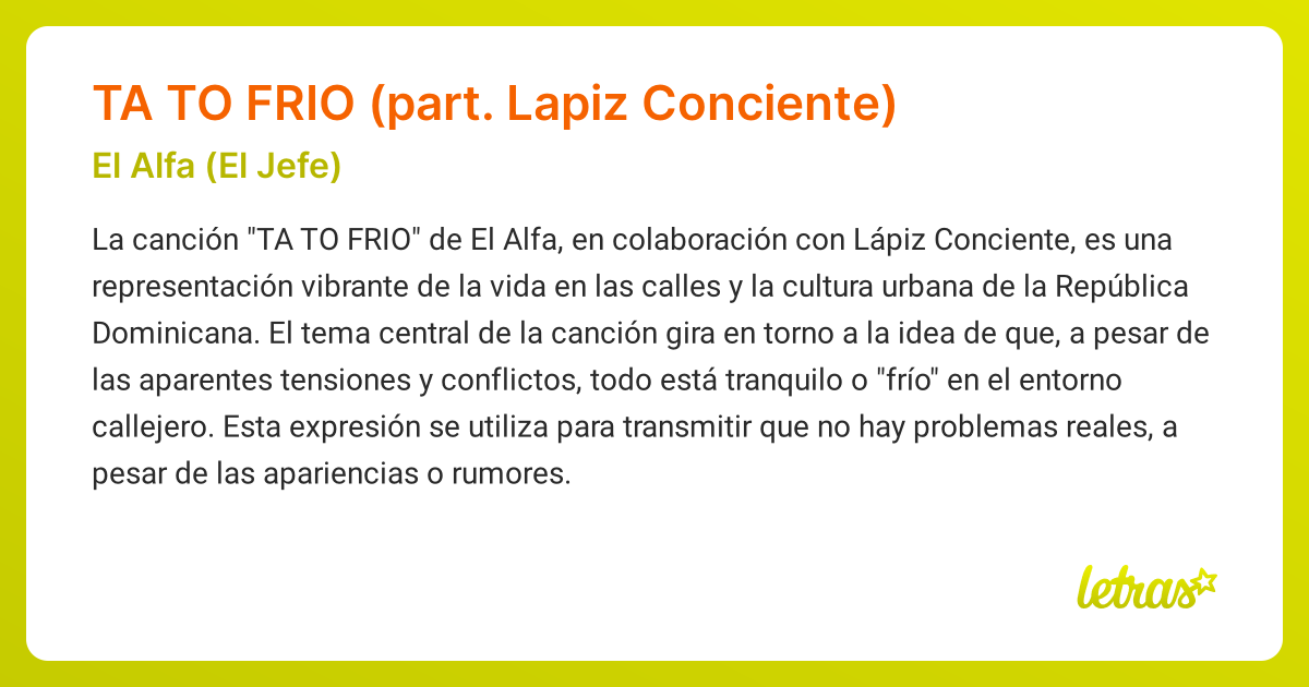 Significado de la canción TA TO FRIO (part. Lapiz Conciente) (El Alfa ...