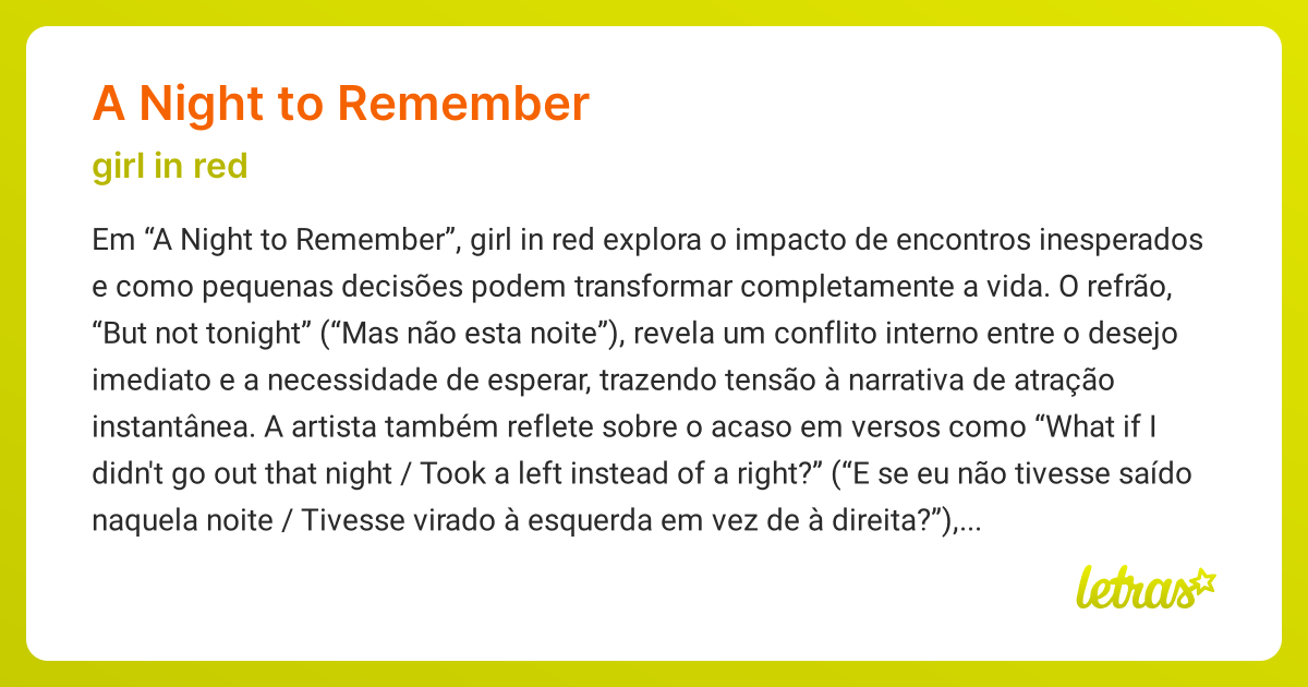 Significado da música A NIGHT TO REMEMBER (girl in red) - LETRAS.MUS.BR