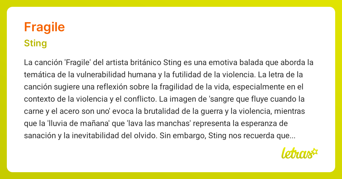 Significado de la canción FRAGILE (Sting) - LETRAS.COM