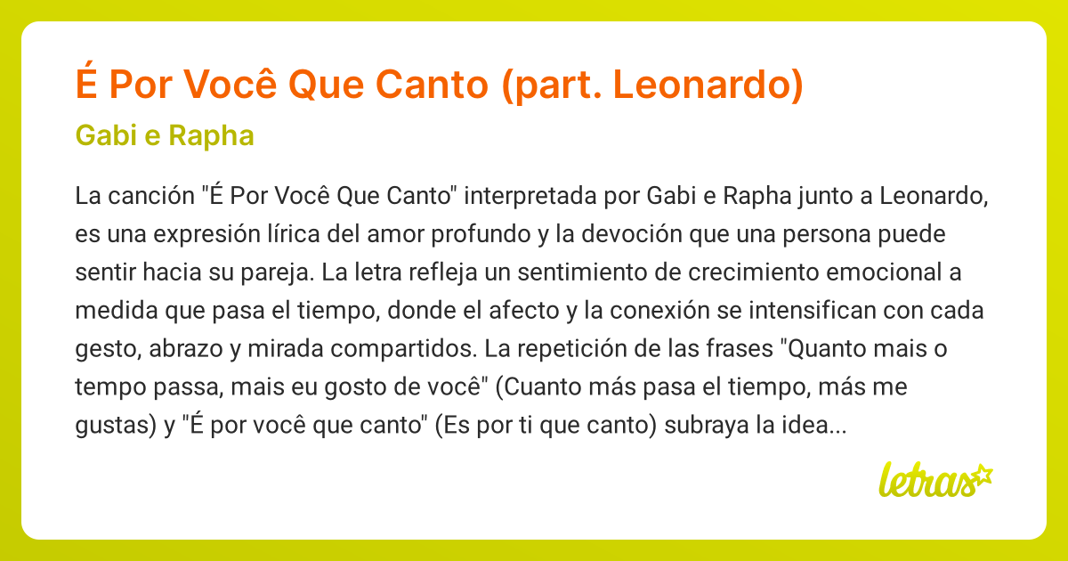 Significado de la canción É Por Você Que Canto (part. Leonardo) (Gabi e ...