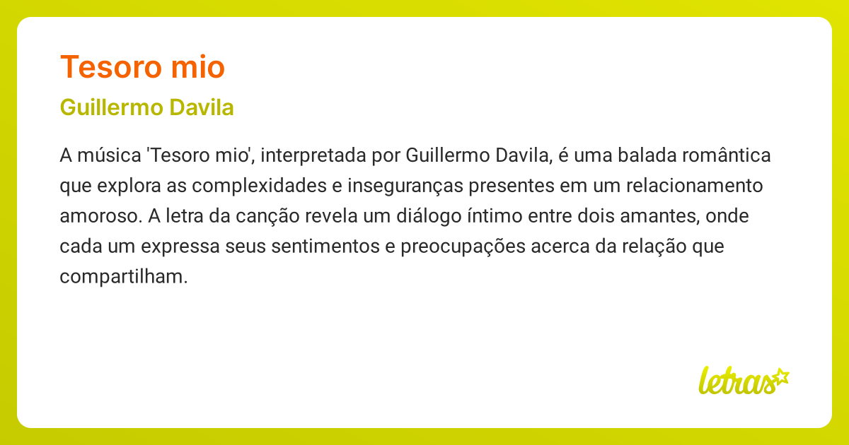 Significado da música TESORO MIO (Guillermo Davila) - LETRAS.MUS.BR
