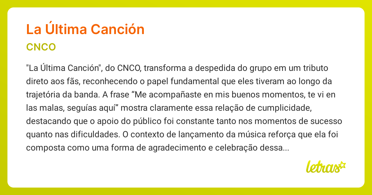 Significado da música LA ÚLTIMA CANCIÓN (CNCO) - LETRAS.MUS.BR