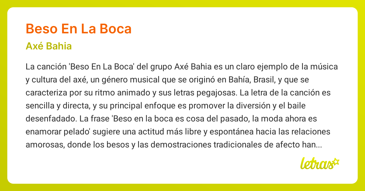 Significado de la canción BESO EN LA BOCA (Axé Bahia) - LETRAS.COM