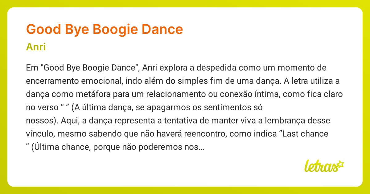 Significado da música GOOD BYE BOOGIE DANCE (Anri) - LETRAS.MUS.BR