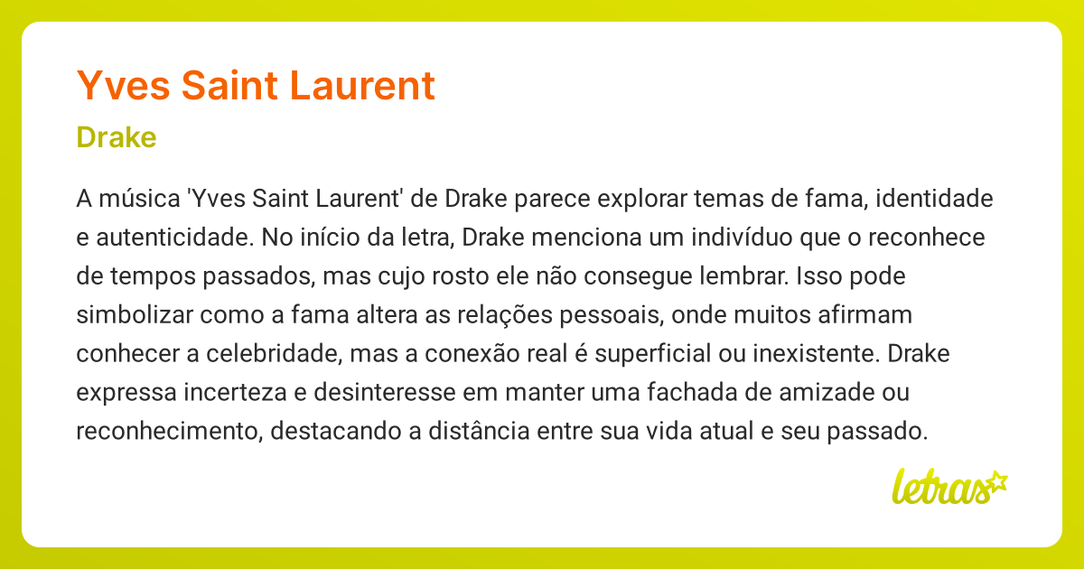 Significado da música YVES SAINT LAURENT (Drake) - LETRAS.MUS.BR