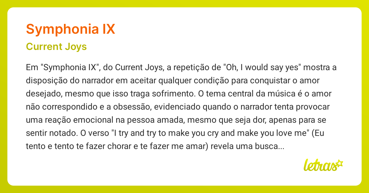 Significado da música SYMPHONIA IX (Current Joys) - LETRAS.MUS.BR