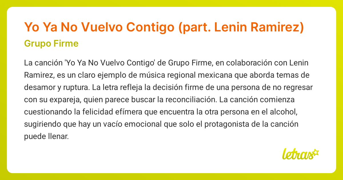 Significado de la canción Yo Ya No Vuelvo Contigo (part. Lenin Ramirez ...