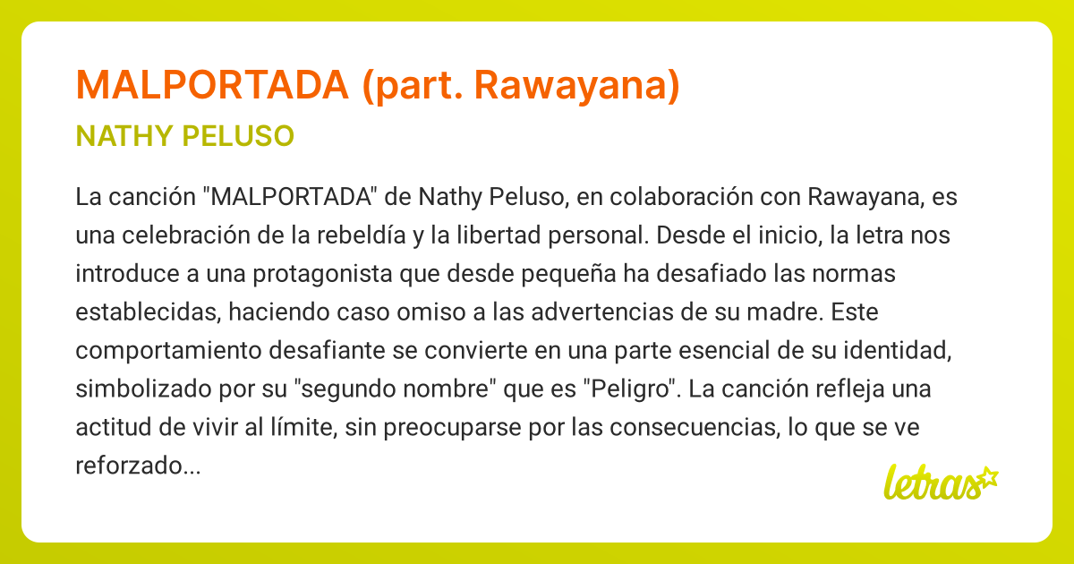 Significado de la canción MALPORTADA (PART. RAWAYANA) (NATHY PELUSO ...