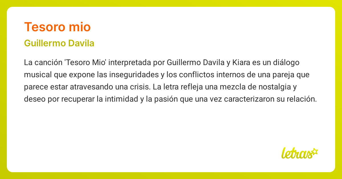 Significado de la canción TESORO MIO (Guillermo Davila) - LETRAS.COM