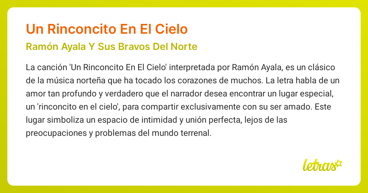 Significado de la canción UN RINCONCITO EN EL CIELO (Ramón Ayala Y Sus Bravos Del Norte ...