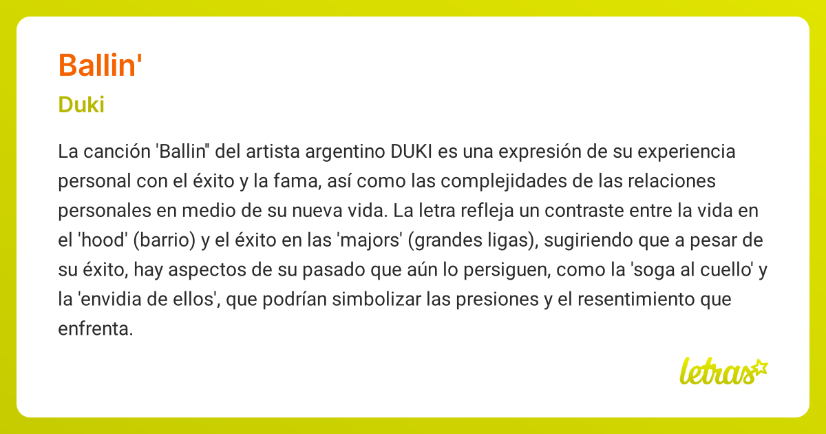 Significado de la canción BALLIN' (Duki) - LETRAS.COM