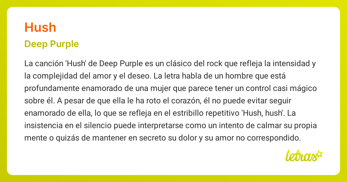 Significado de la canción HUSH (Deep Purple) - LETRAS.COM