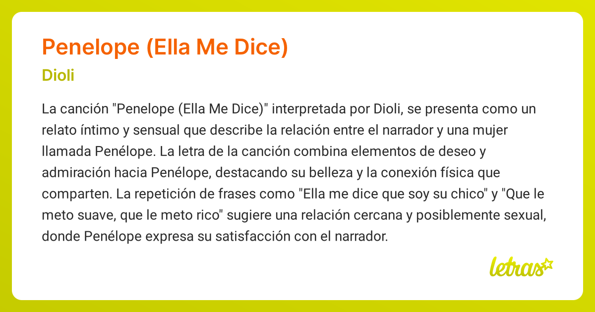 Significado de la canción PENELOPE (ELLA ME DICE) (Dioli) - LETRAS.COM