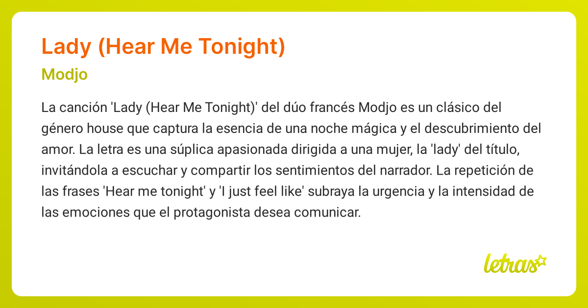 Significado de la canción LADY (HEAR ME TONIGHT) (Modjo) - LETRAS.COM