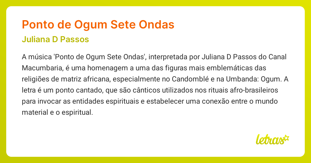 Significado da música PONTO DE OGUM SETE ONDAS (Juliana D Passos ) - LETRAS.MUS.BR