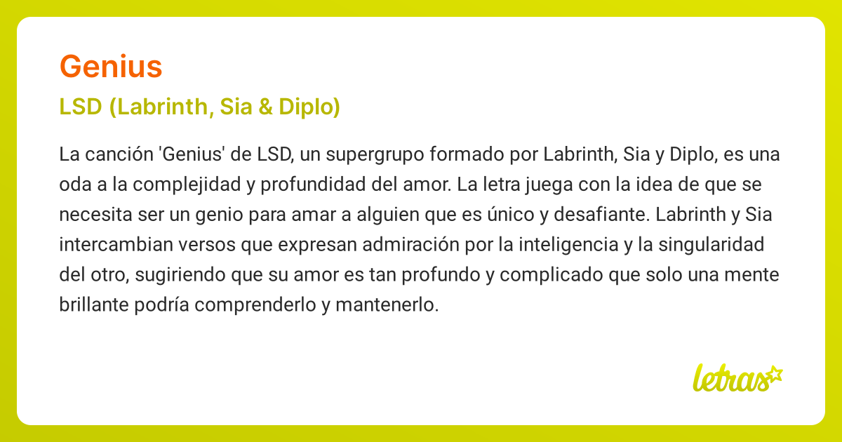 Significado de la canción GENIUS (LSD (Labrinth, Sia & Diplo)) - LETRAS.COM