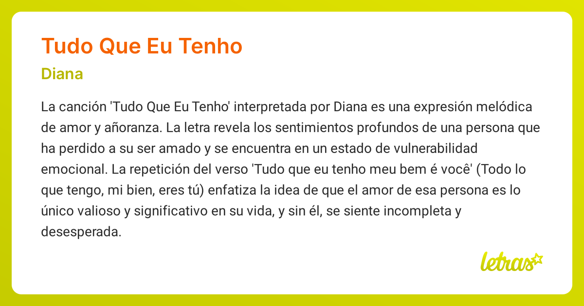 Significado de la canción TUDO QUE EU TENHO (Diana) - LETRAS.COM