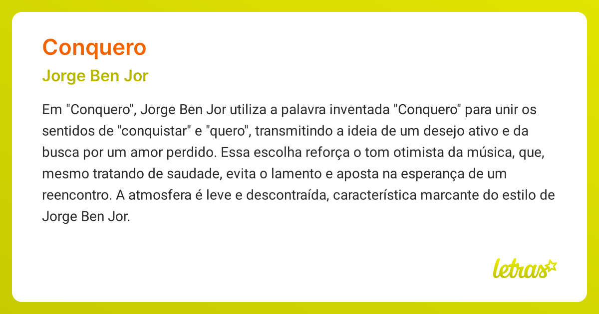 Significado da música CONQUERO (Jorge Ben Jor) - LETRAS.MUS.BR