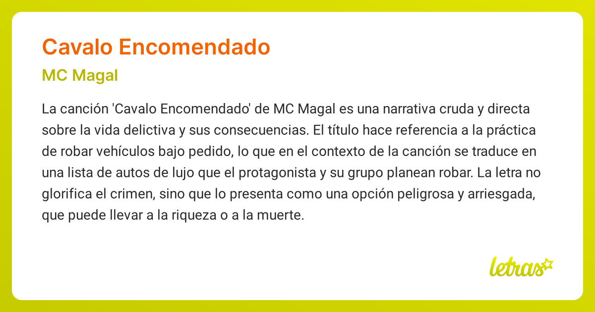 Significado de la canción CAVALO ENCOMENDADO (MC Magal) - LETRAS.COM