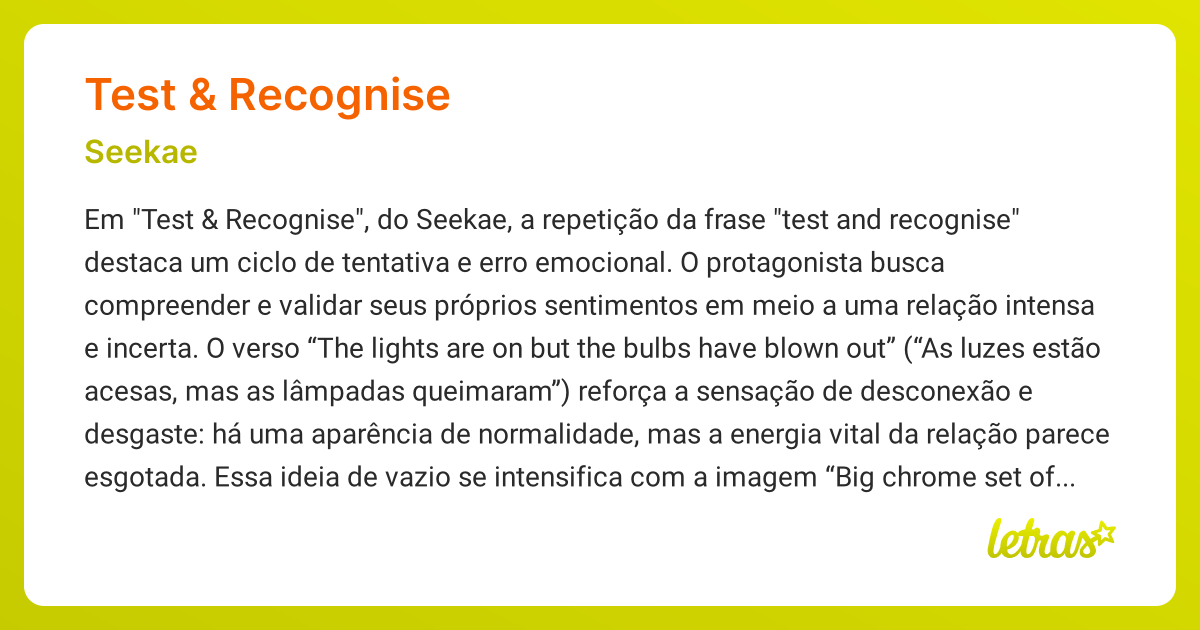 Significado da música TEST & RECOGNISE (Seekae) - LETRAS.MUS.BR
