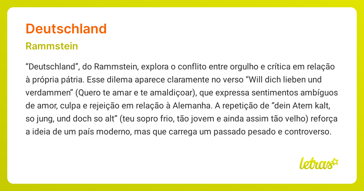 Significado da música DEUTSCHLAND (Rammstein) - LETRAS.MUS.BR