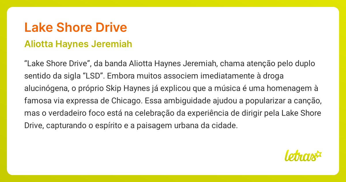 Significado da música LAKE SHORE DRIVE (Aliotta Haynes Jeremiah ...