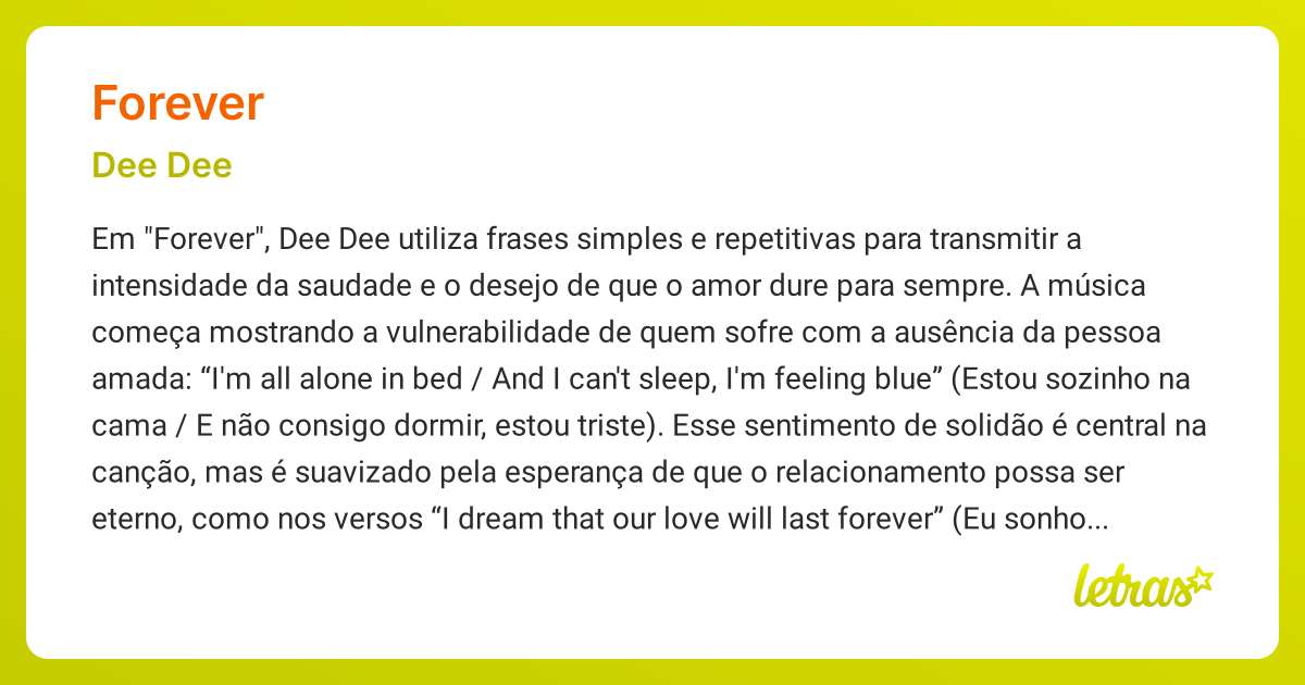 Significado da música FOREVER (Dee Dee) - LETRAS.MUS.BR