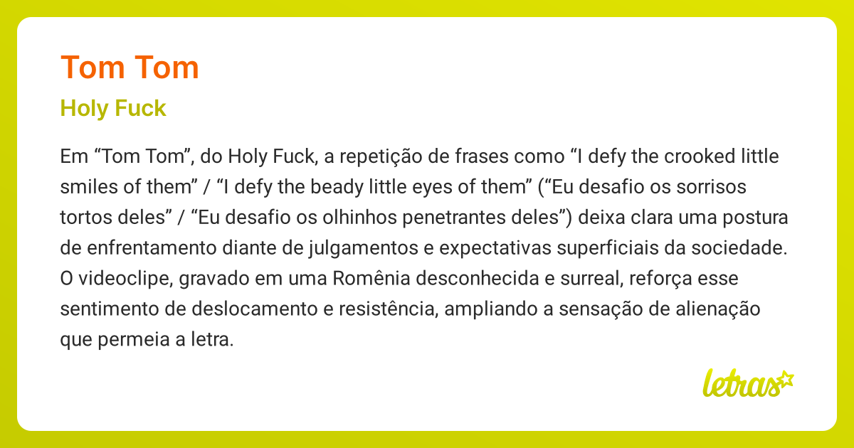 Significado da música TOM TOM (Holy Fuck) - LETRAS.MUS.BR
