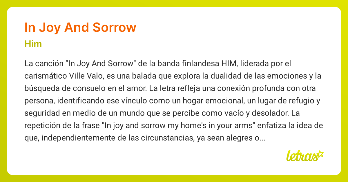 Significado de la canción IN JOY AND SORROW (Him) - LETRAS.COM