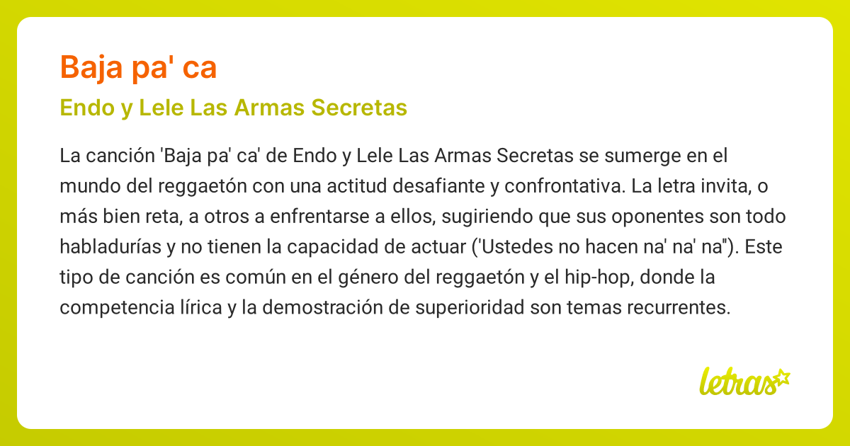 Significado de la canción BAJA PA' CA (Endo y Lele Las Armas Secretas ...