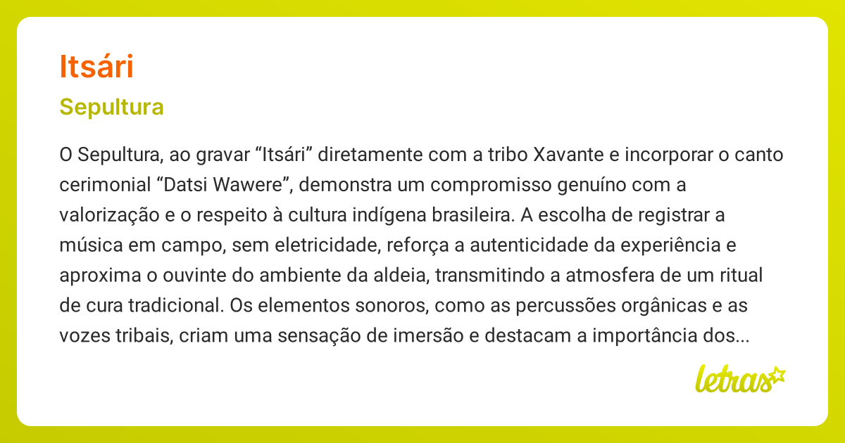 Significado da música ITSÁRI (Sepultura) - LETRAS.MUS.BR